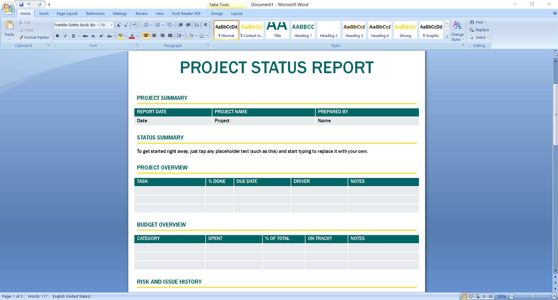 Project Weekly Status Report Template Excel