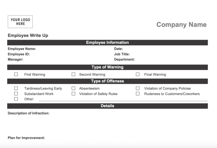 Free Employee Write Up Templates for HR and Managers