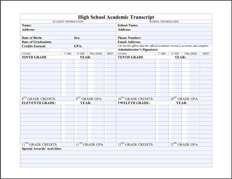 Free High School Transcript Templates to Record Performance
