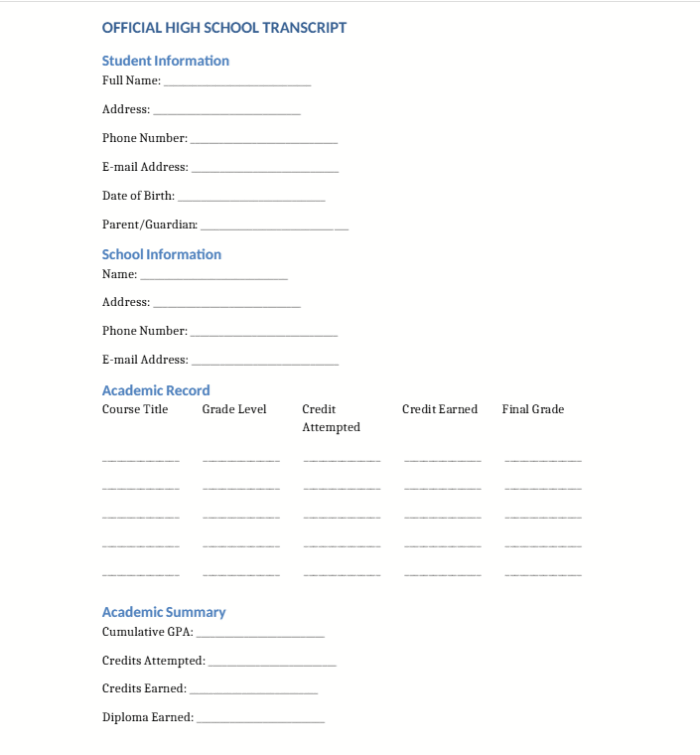 Free High School Transcript Templates to Record Performance