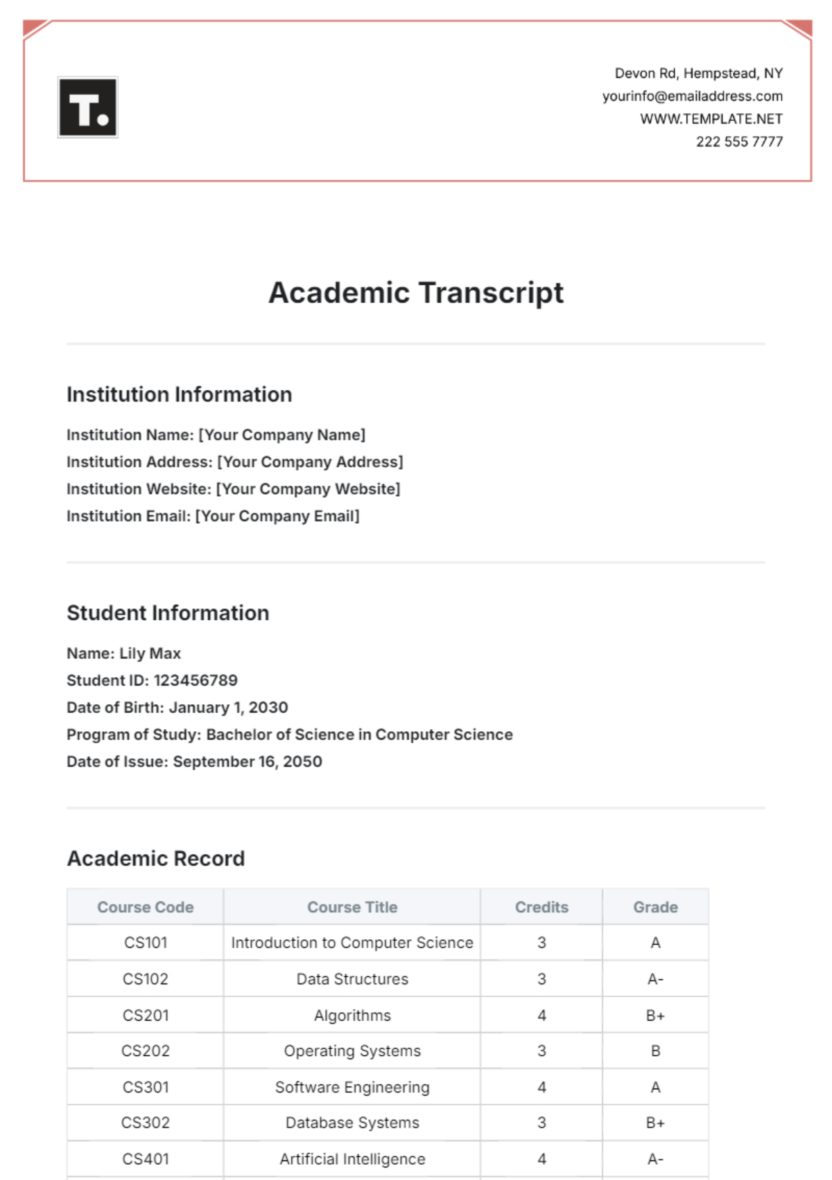 Free High School Transcript Templates to Record Performance
