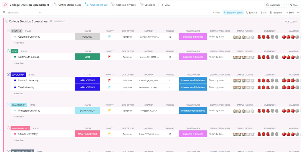 College Decision Spreadsheet | Template by ClickUp™