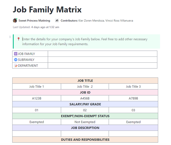 Job Family Matrix | Template by ClickUp™