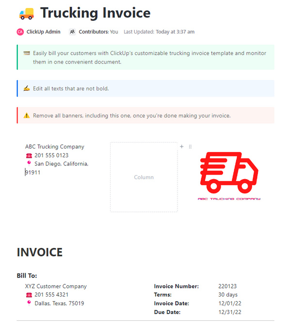 Trucking Invoice | Template by ClickUp™