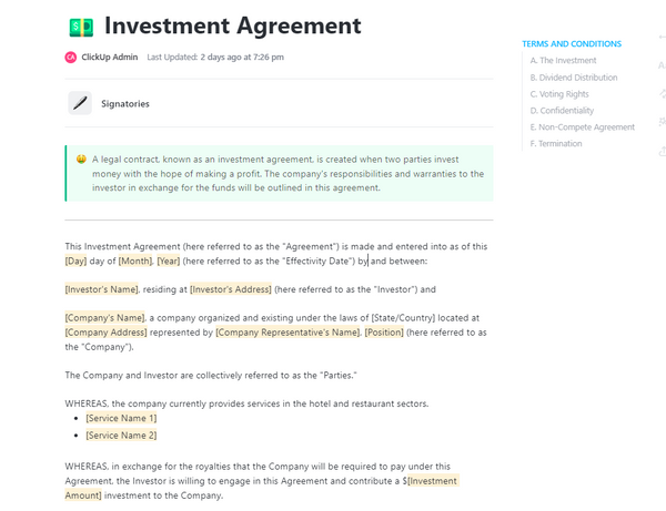 Investment Agreement | Template by ClickUp™