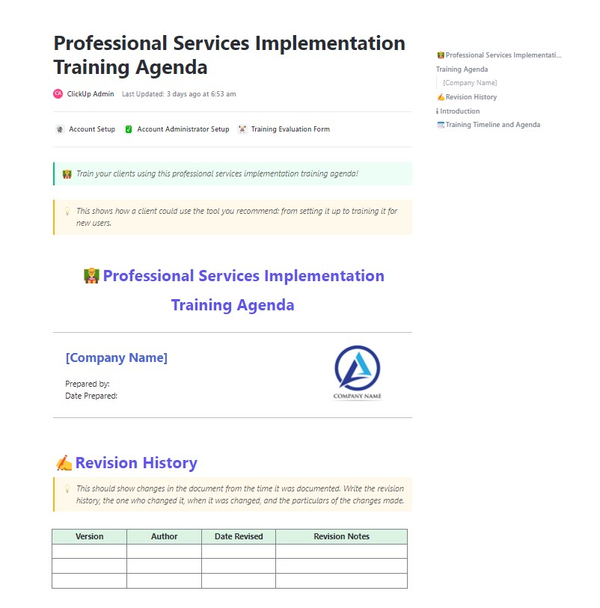 Professional Services Implementation Training Agenda | Template by ClickUp™
