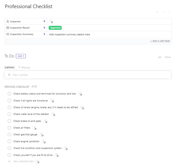 Professional Checklist for Inspection | Template by ClickUp™