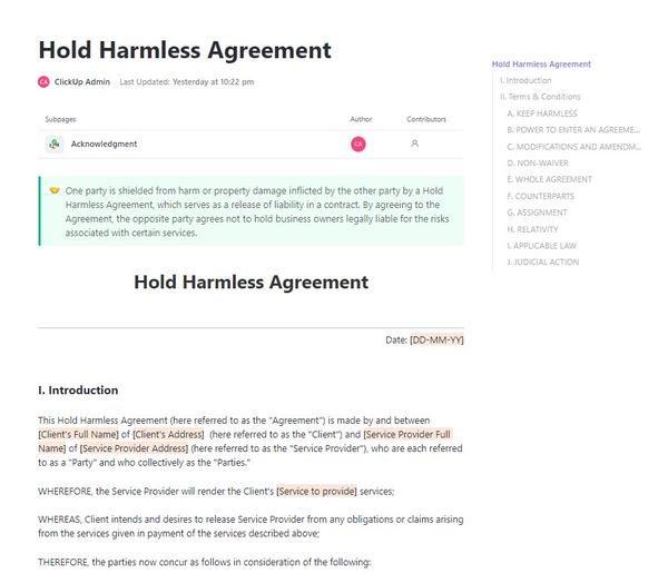 Hold Harmless Agreement | Template by ClickUp™