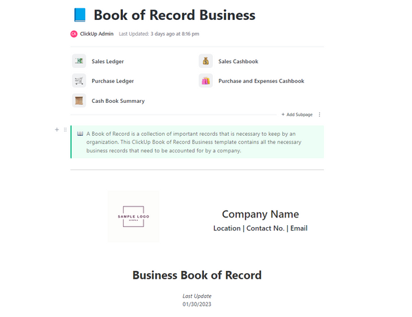 Book of Record Business | Template by ClickUp™