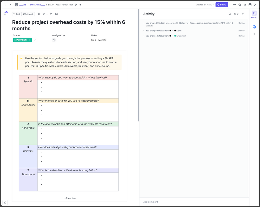 SMART Goal Action Plan | Template by ClickUp™