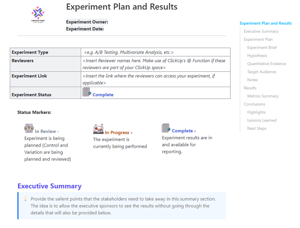 Experiment Plan and Results | Template by ClickUp™