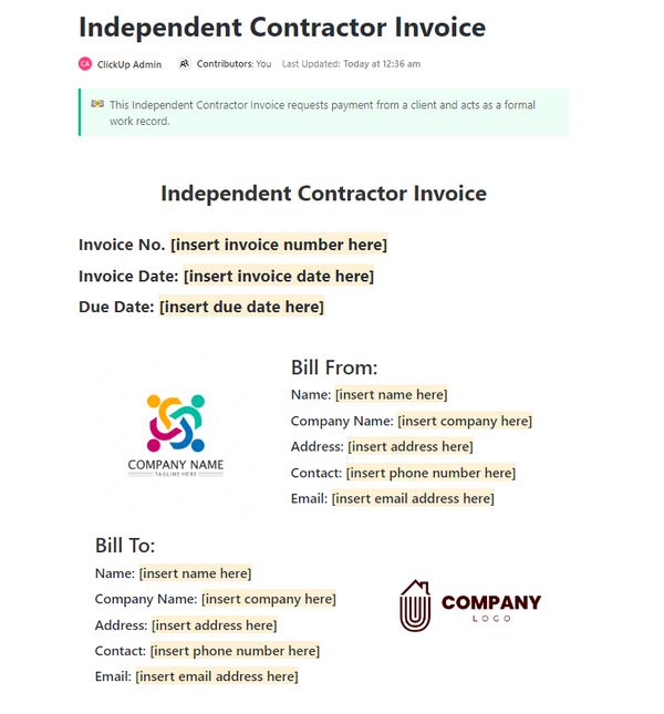 Independent Contractor Invoice | Template by ClickUp™