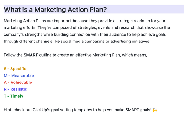 Marketing Action Plan | Template by ClickUp™