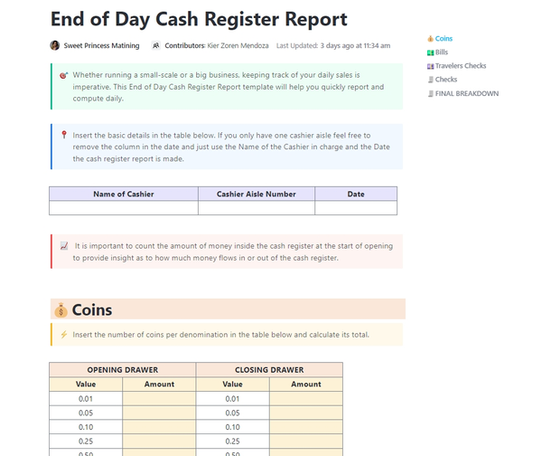 End of Day Cash Register Report | Template by ClickUp™