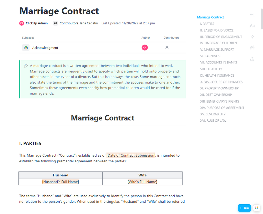 Marriage Contract | Template by ClickUp™