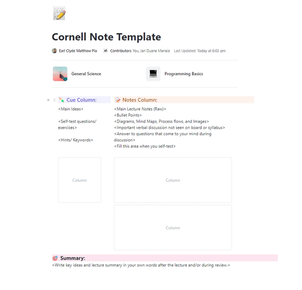 Cornell Note | Template by ClickUp™