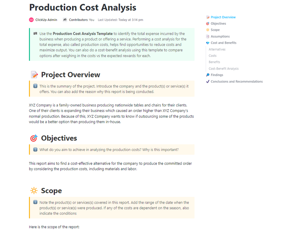 Production Cost Analysis Template By Clickup™