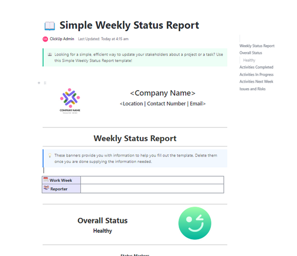 Simple Weekly Status Report | Template by ClickUp™